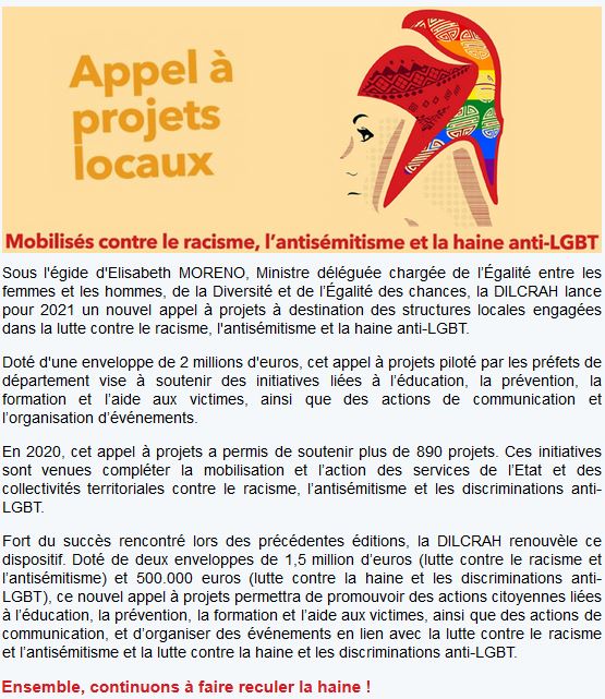 Appel à projets locaux « Mobilisés contre le racisme, l’antisémitisme et la haine anti-LGBT ...